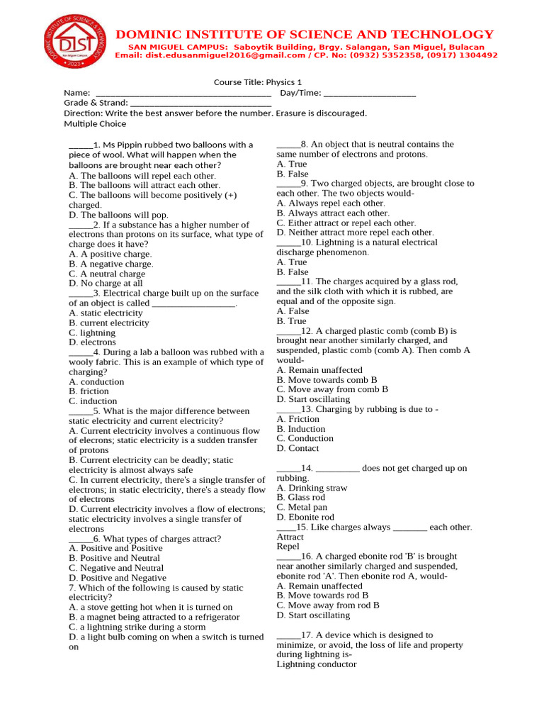 3rd Quarter Exam Physics 2 Balagtas | PDF | Electric Charge | Force