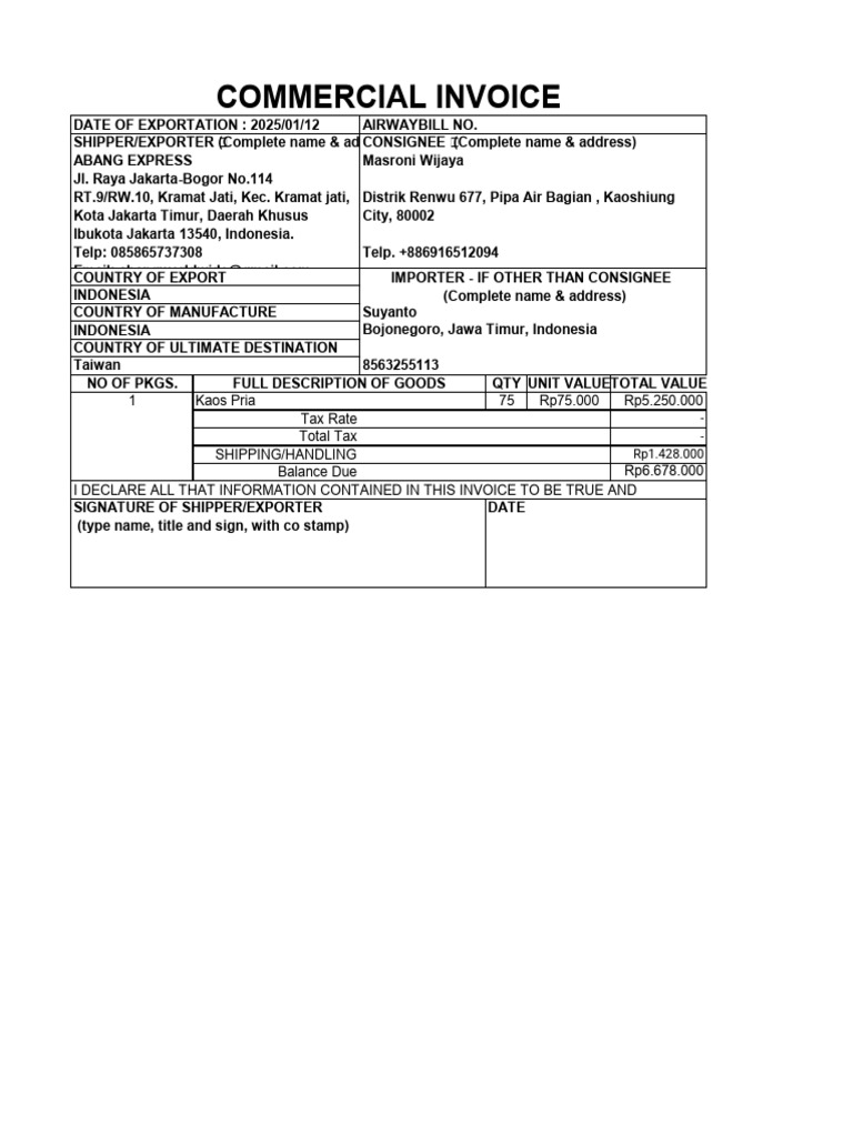 Contoh Invoice AX Taiwan Masroni | PDF