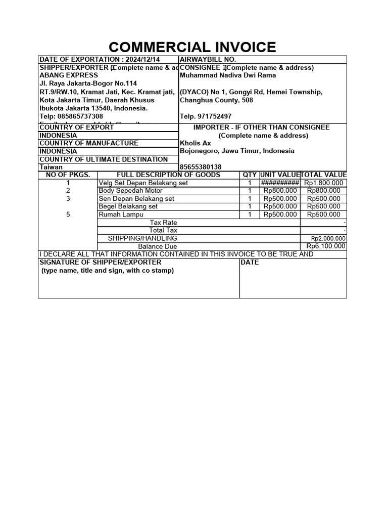 Commercial Invoice for Motorcycle Parts | PDF