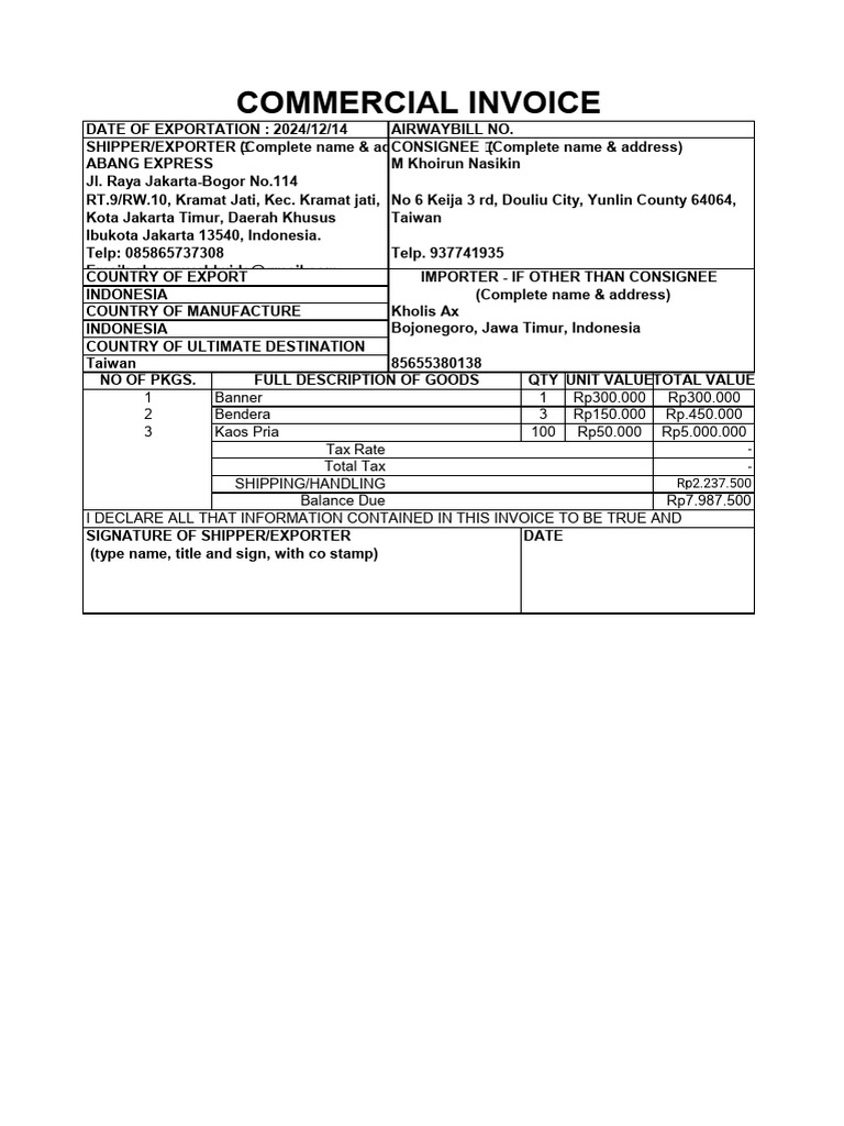 Contoh Invoice AX taiwan nasikin | PDF