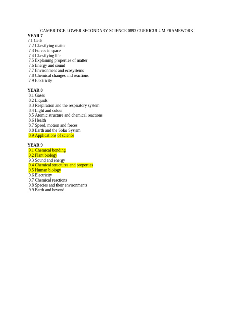 Cambridge Lower Secondary Science 0893 Curriculum Framework | PDF