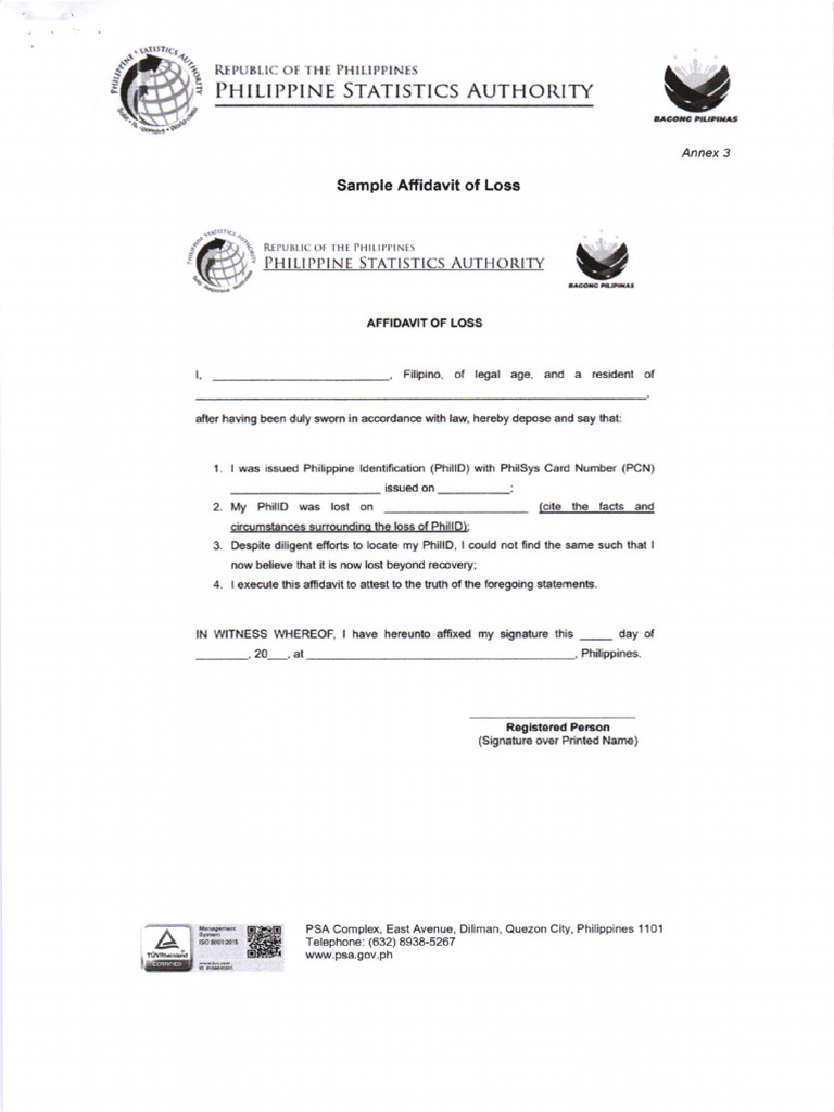 Sample Affidavit of Loss for PhilID | PDF