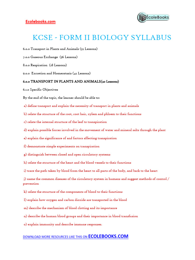 Form 2 Biology Syllabus Overview | PDF | Respiratory System | Blood