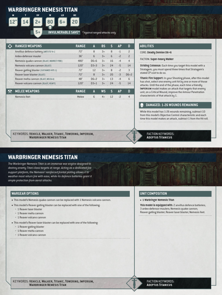 Warbringer Nemesis Titan Datasheet | PDF | Warfare | Military Technology