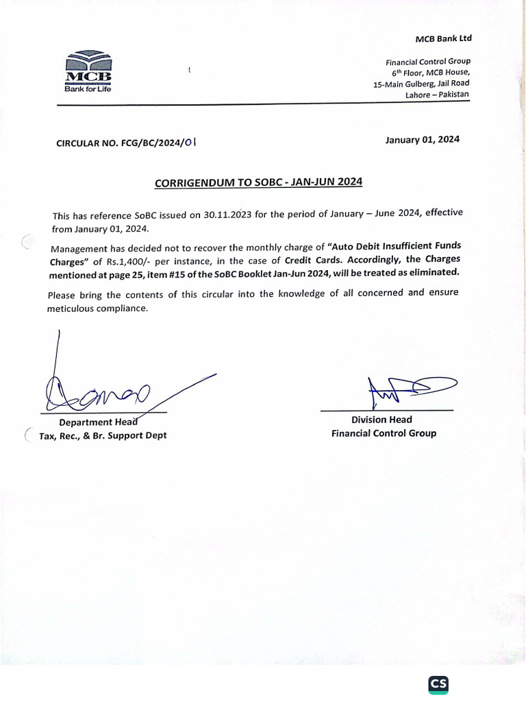 Corrigendum To SOBC Jan-Jun 2024 Elimination of Auto Debit Insufficient ...