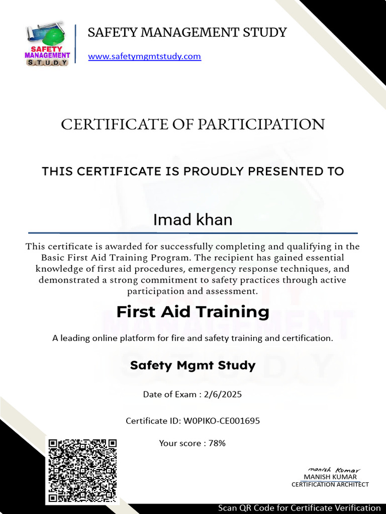 Certificate For Imad Khan For - First Aid Training | PDF