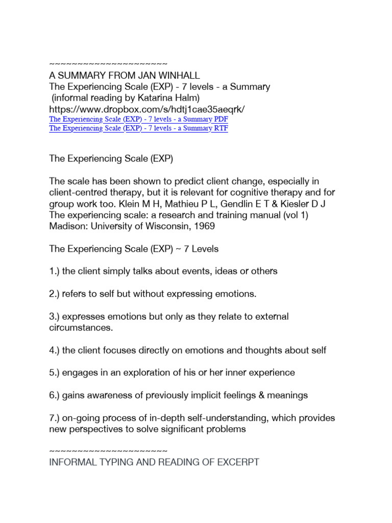 Mary Gendlins Description of The Experiencing Scale From Manual 2652 ...