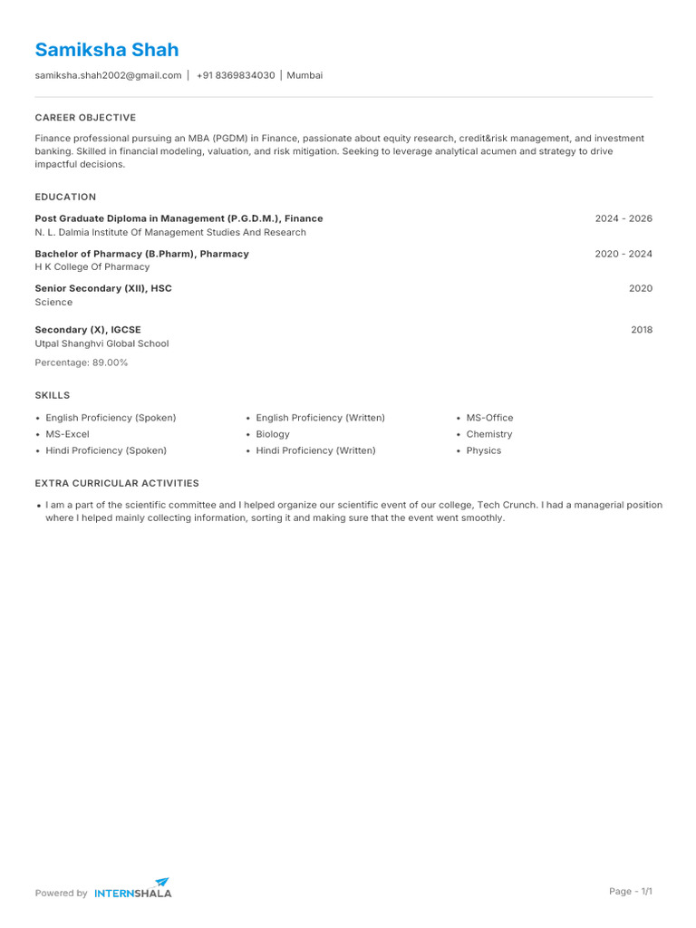 SamikshaShah InternshalaResume | PDF