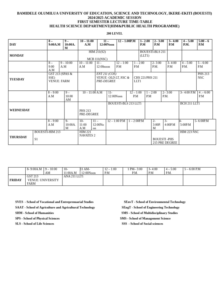 200L Lecture Time Table | PDF