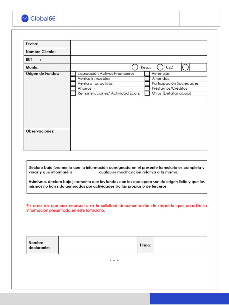 global66_Formulario Declaración de Origen de Fondos_Global | PDF