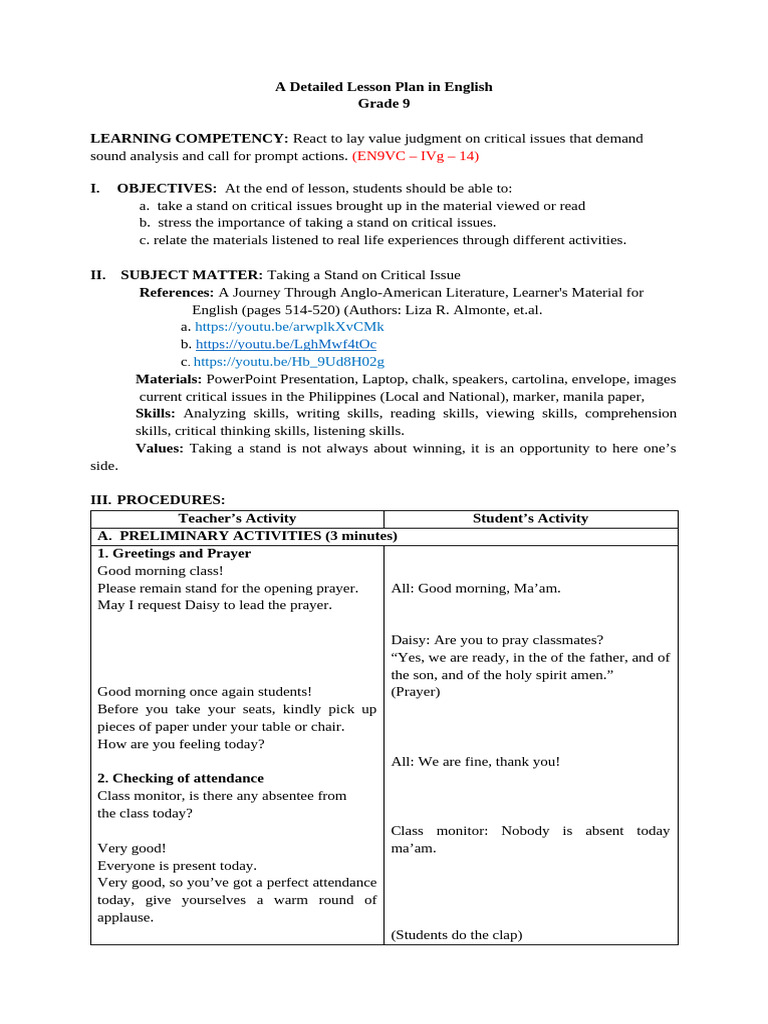 A Detailed Lesson Plan in English FD | PDF | Lesson Plan | Learning