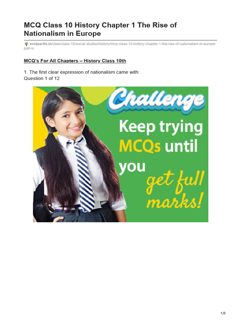 Evidyarthi - in-MCQ Class 10 History Chapter 1 The Rise of Nationalism ...