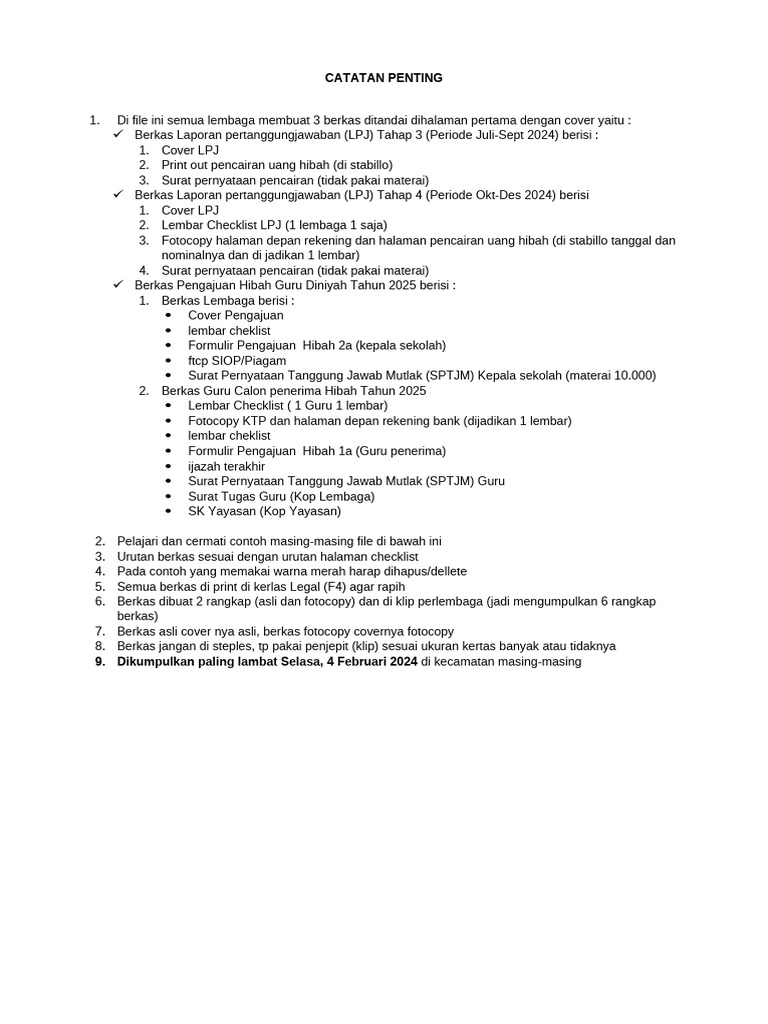 Chekclist Berkas Pengajuan Hibah 2025 Dan LPJ Tahap 3-4 Hibah 2024 | PDF