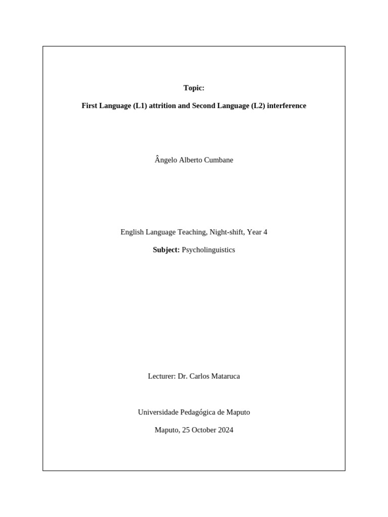Angelo - L1 Attrition and L2 Interference, Assignment | PDF | Multilingualism | Second Language ...