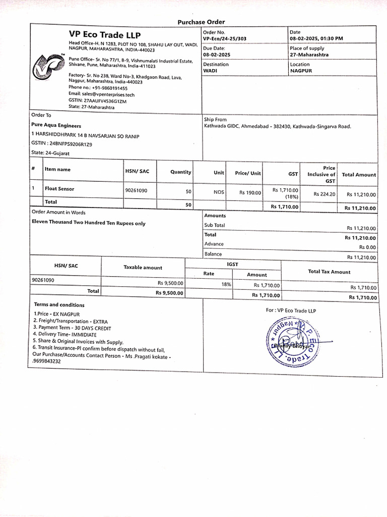 Purchase Order_VP-Eco 24-25 303_08!02!25_Pure Aqua Engineers_R1 (1) | PDF
