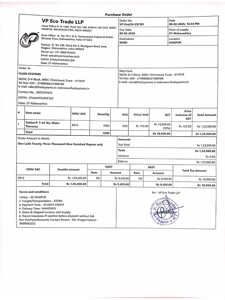 Purchase Order VP-eco 24-25 301 08-02-25 Fluid Systems r2 | PDF