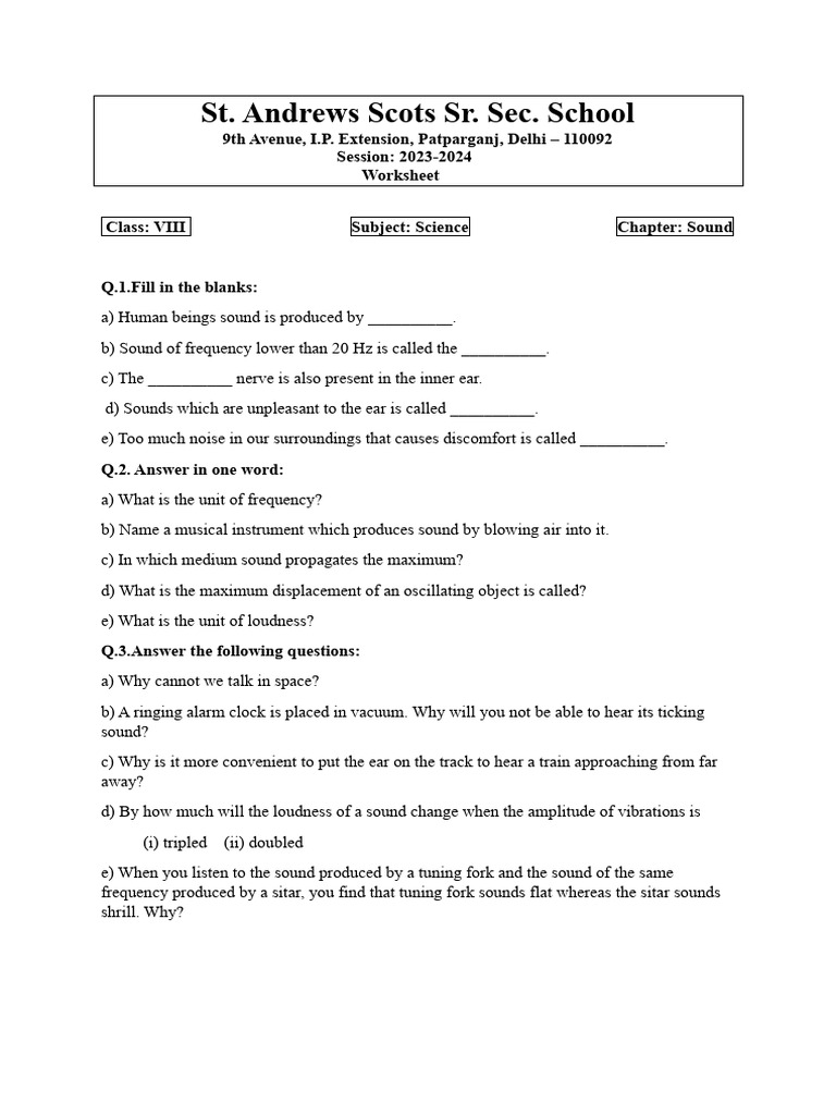 Class 8 Science: Sound Worksheet | PDF