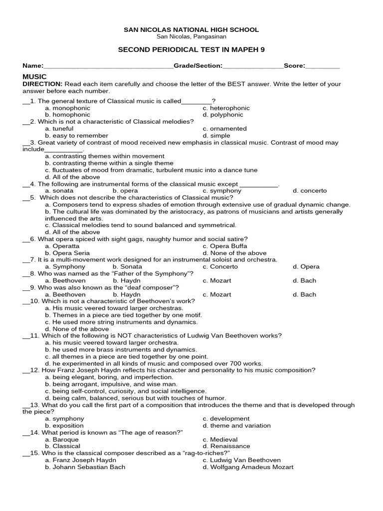 MAPEH-9-EXAM-2ND | PDF | Classical Period (Music) | Substance Abuse