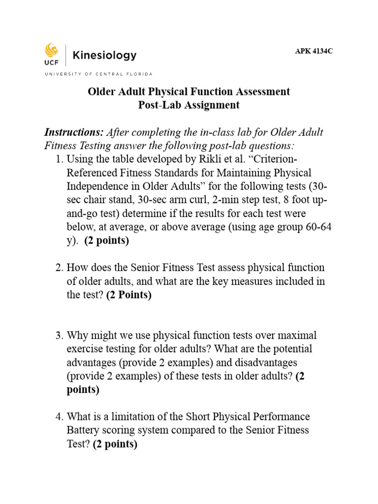 Older Adult Fitness Testing Post Lab Questions 2 | PDF | Physical ...