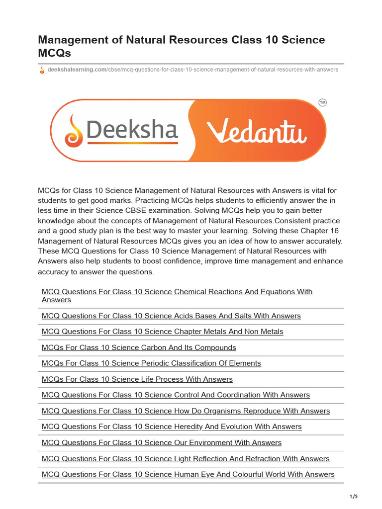 Management of Natural Resources Class 10 Science MCQs | PDF | Multiple ...