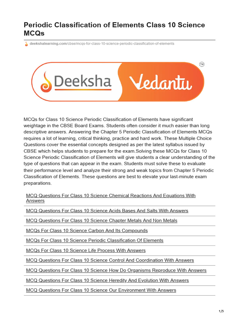 Periodic Classification of Elements Class 10 Science MCQs | PDF ...