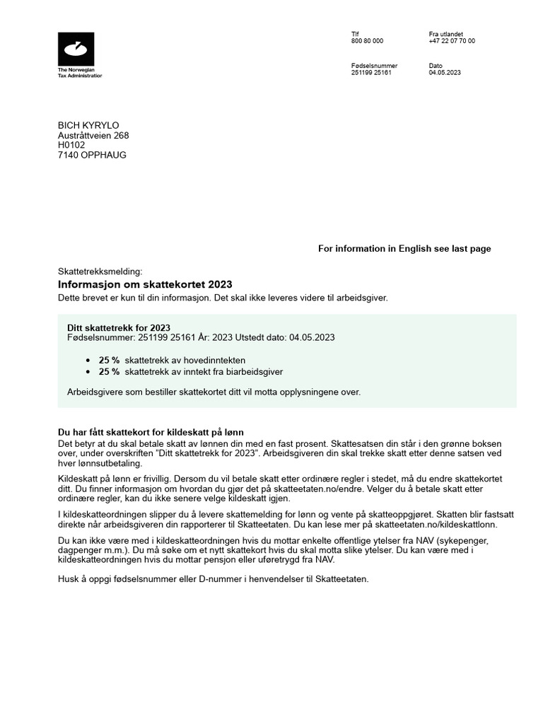 Skattekort 2023 | PDF