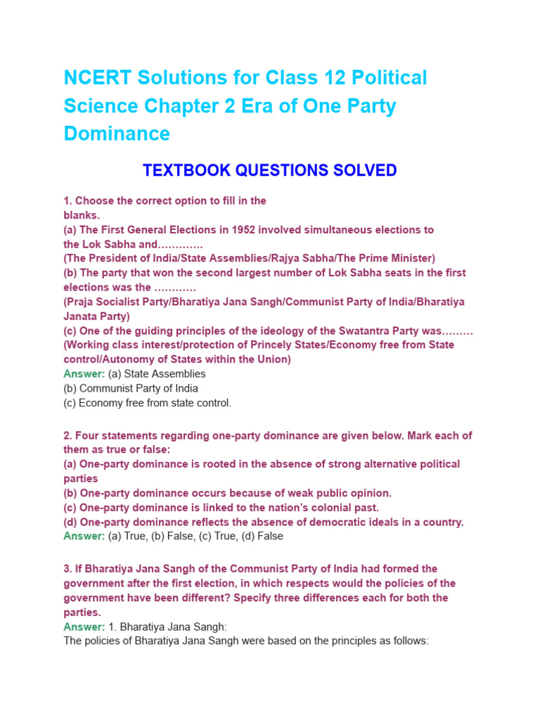 NCERT Class 12 Political Science Solutions | PDF | Political Parties ...