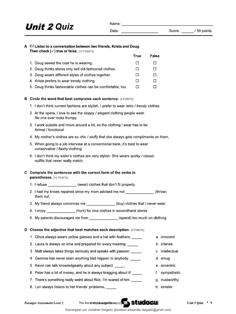 UNIT 2 QUIZ C1 - Passages 2 Third Edition | PDF