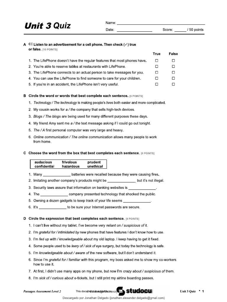 UNIT 3 QUIZ C1 - Passages 2 Third Edition | PDF