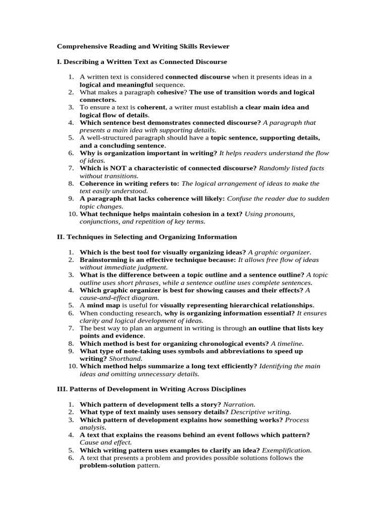 Comprehensive Reading and Writing Skills Reviewer | PDF | Reading ...