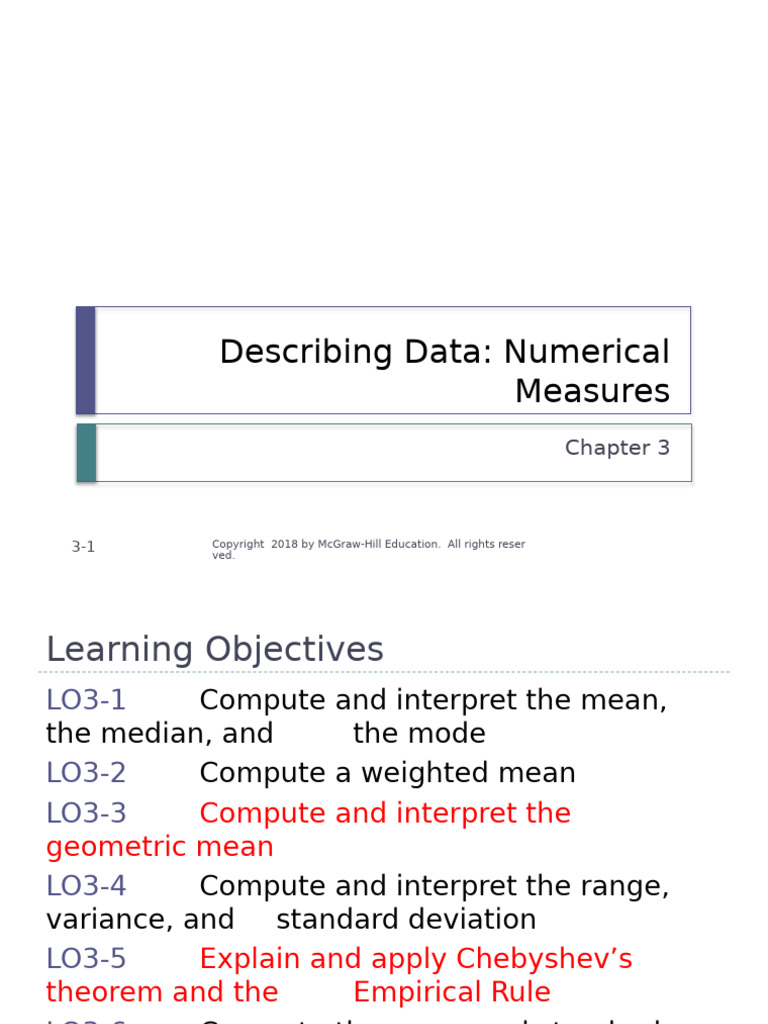 Chapter 3. Describing Data-Numerical Measures | PDF | Median | Mean