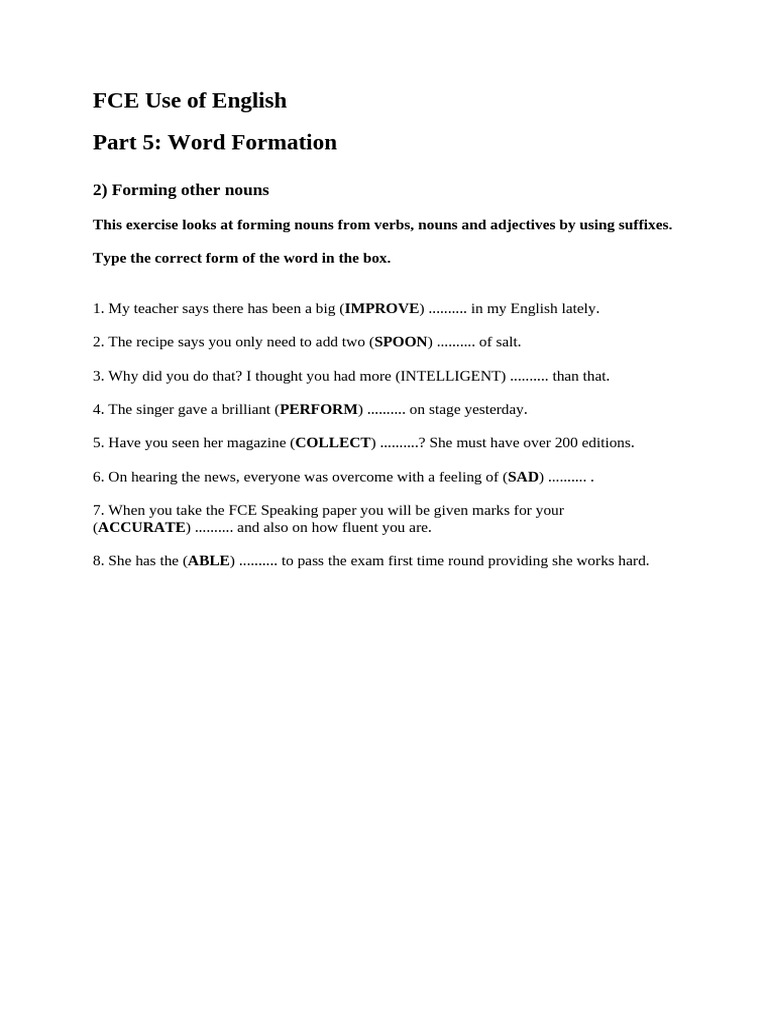 FCE Word Formation Exercises | PDF