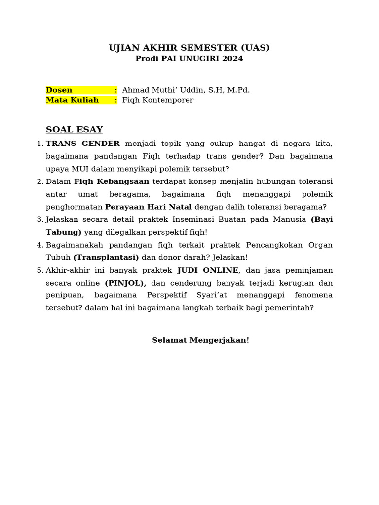 UAS Fiqh Kontemporer-2024 | PDF