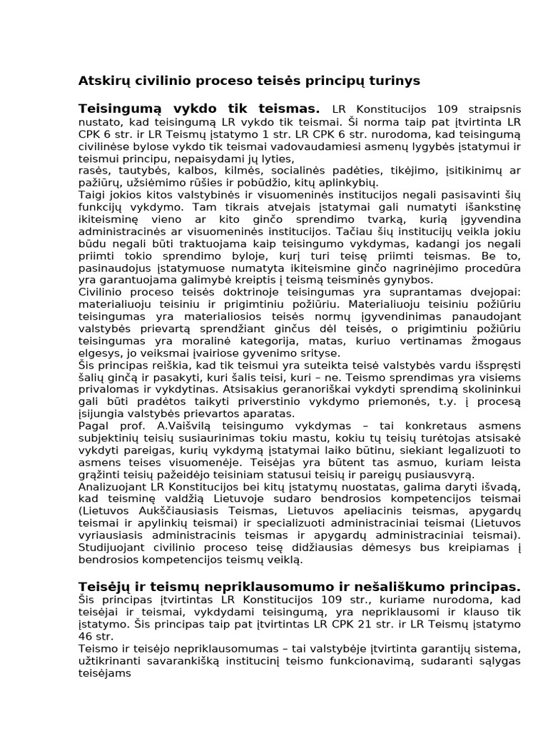 Atskirų civilinio proceso teisės principų turinys | PDF