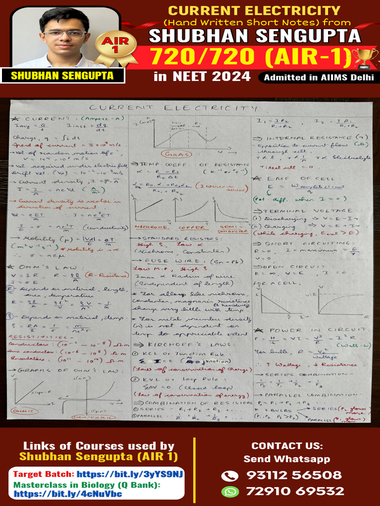 Short Notes Current Electricity From Shubhan AIR 1 NEET 2024 | PDF