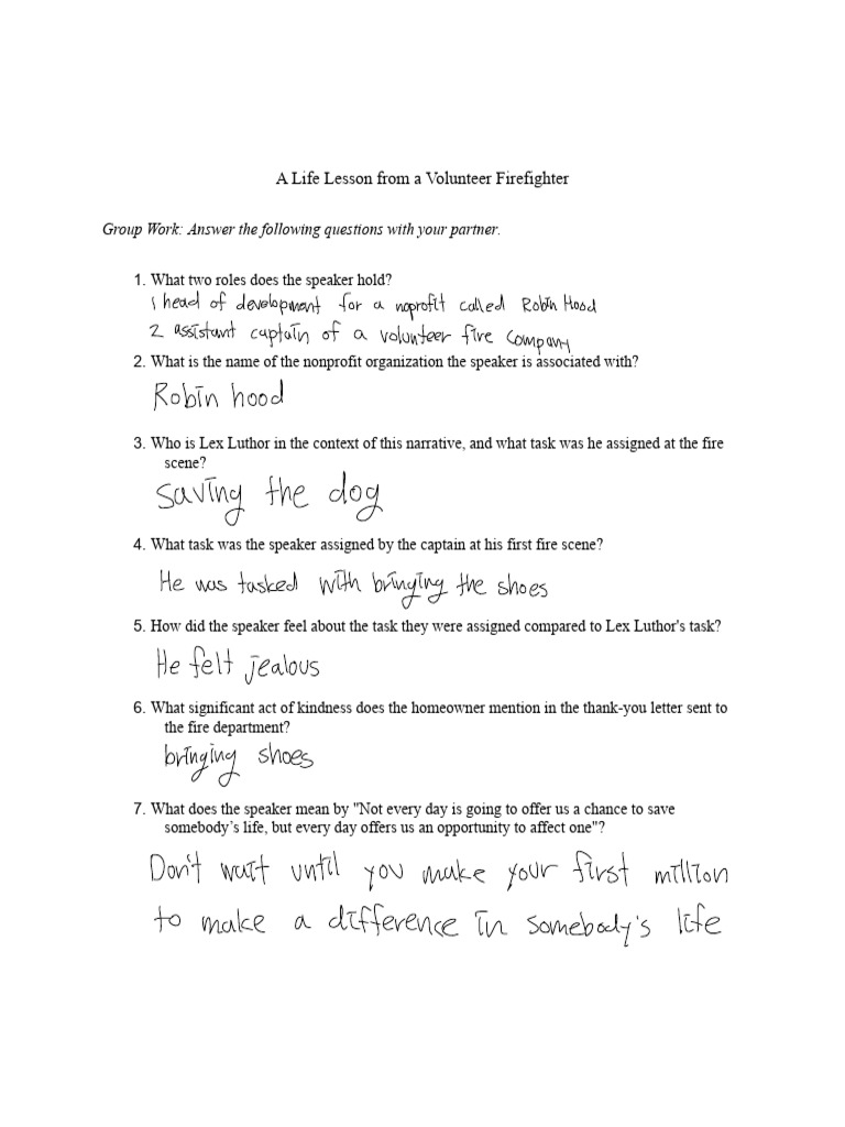 Worksheet About A Life Lesson From A Volunteer Firefighter | PDF