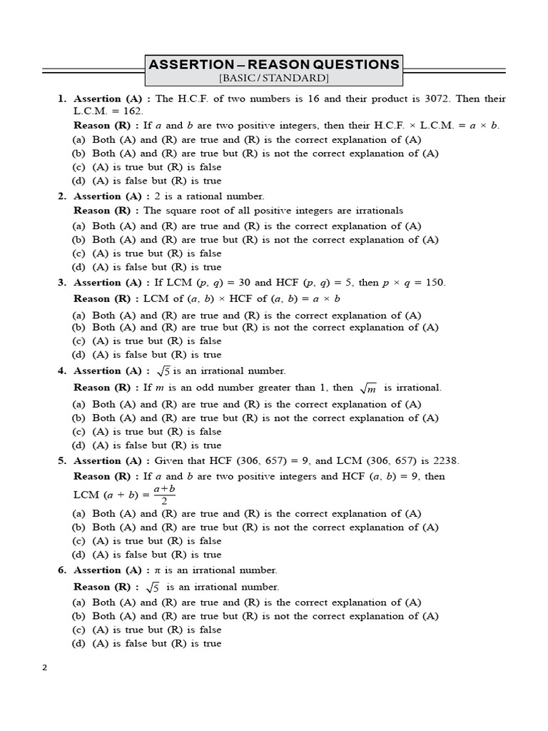 Assertion Reason and Case Study | PDF | Numbers | Quadratic Equation