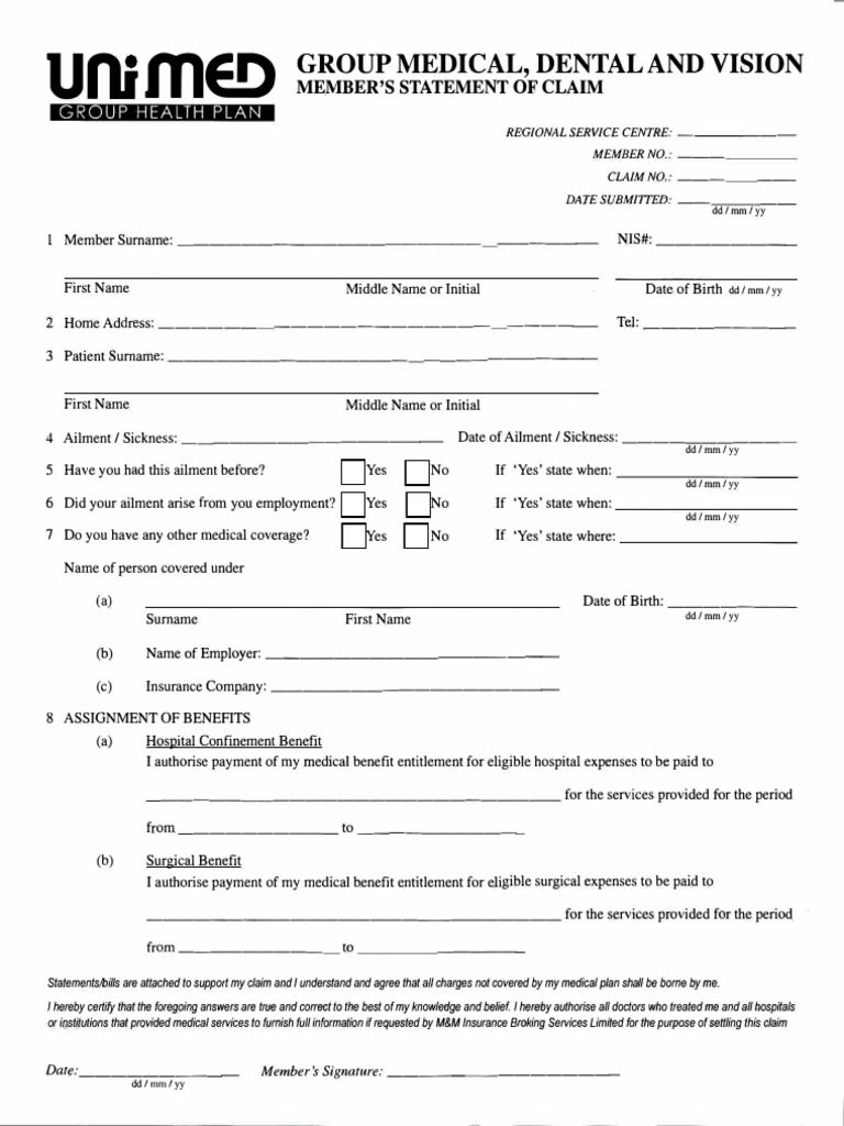 Unimed Group Health Plan Claim Form Fillable | PDF | Dentistry | Obstetrics