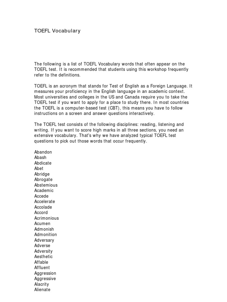 TOEFL Vocabulary | PDF | Test Of English As A Foreign Language ...