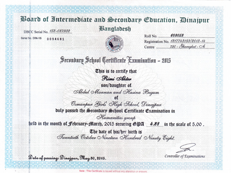 SSC Certificate | PDF