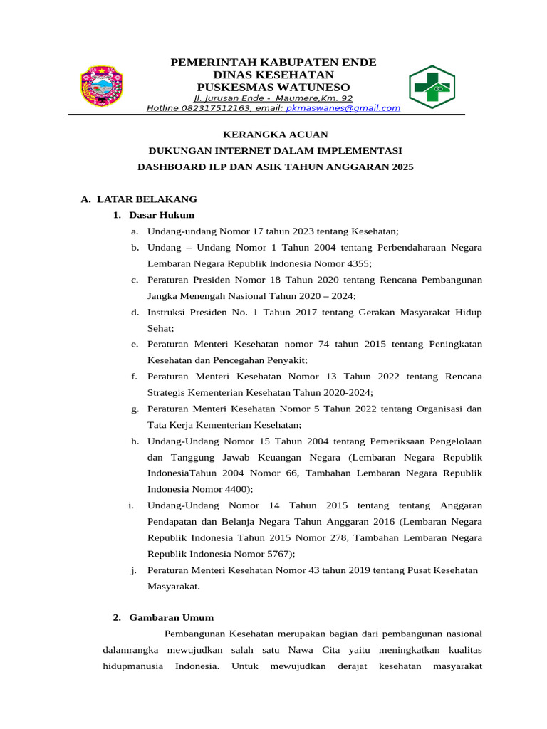 TOR Dukungan Internet Dalam Implementasi Dashboard ILP Dan ASIK | PDF