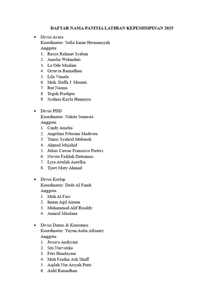 DAFTAR NAMA PANITIA LATIHAN KEPEMIMPINAN 2025 | PDF