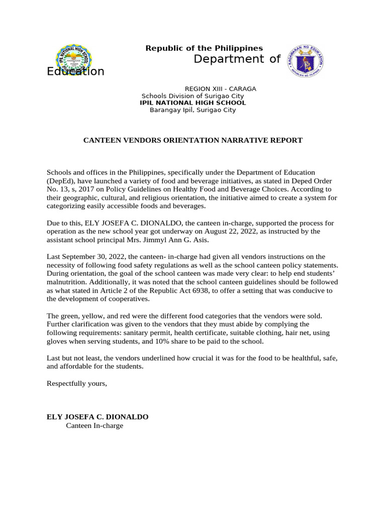Canteen Narrative Report | PDF