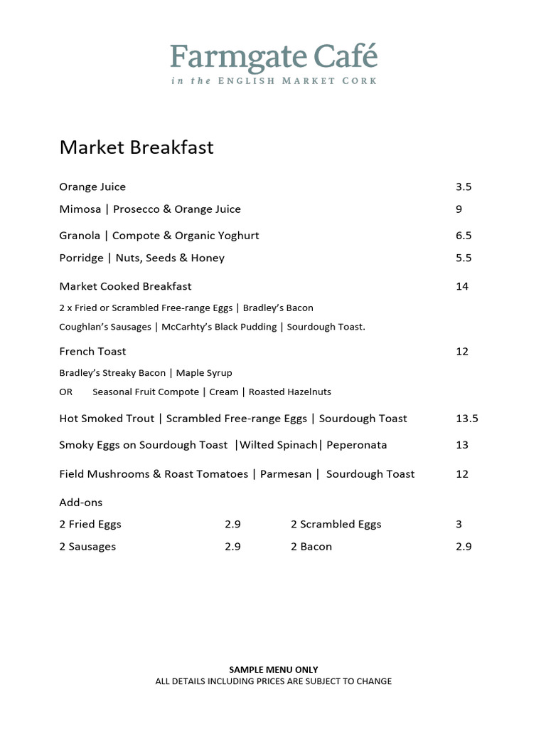 Farmgate Cafe Breakfast Sample Menu | PDF
