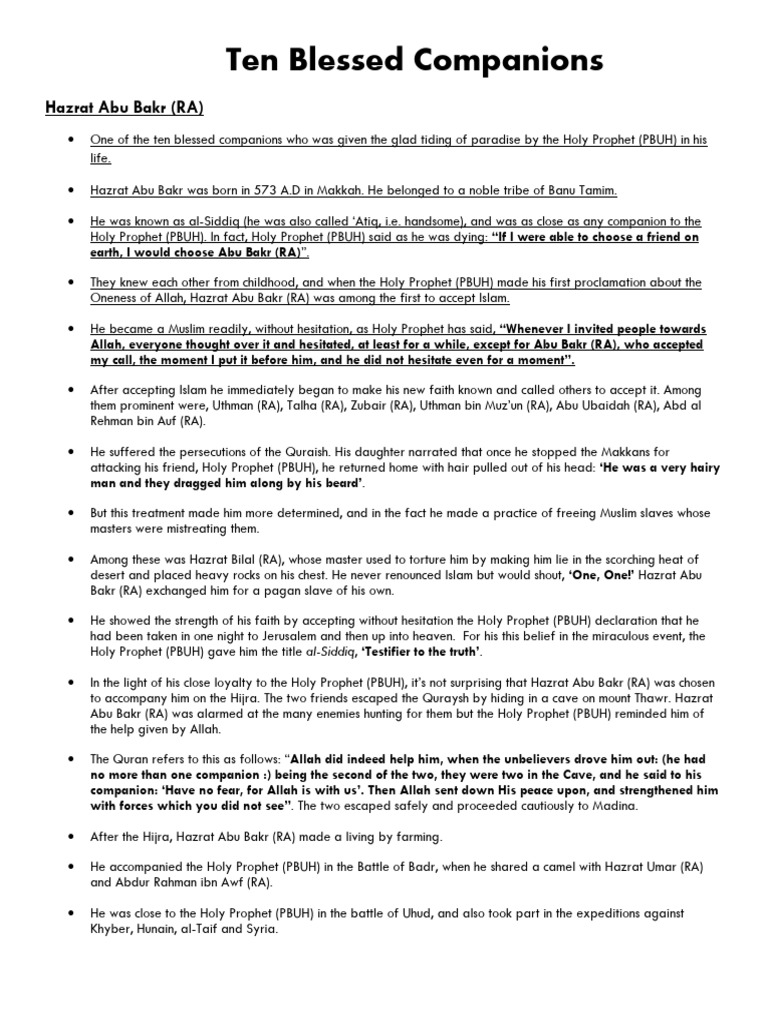 Ten Blessed Companion (First 4) | PDF | Muhammad | Ali