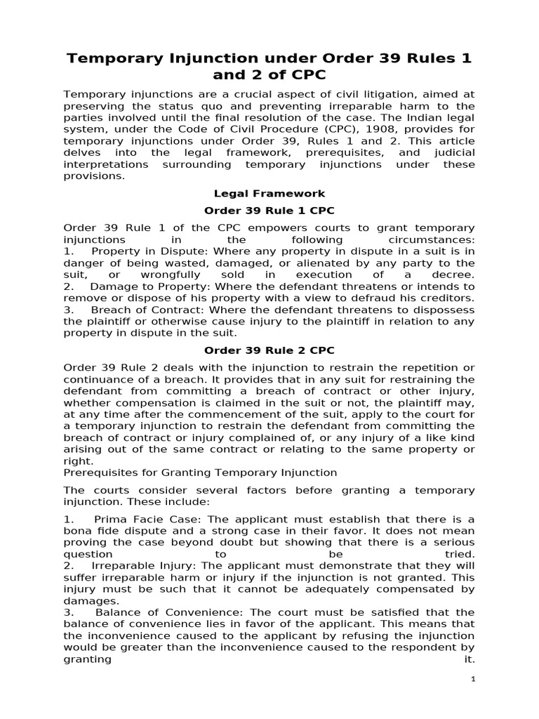 Temporary Injunction Under Order 39 Rules 1 and 2 of CPC | PDF | Lawsuit | Injunction