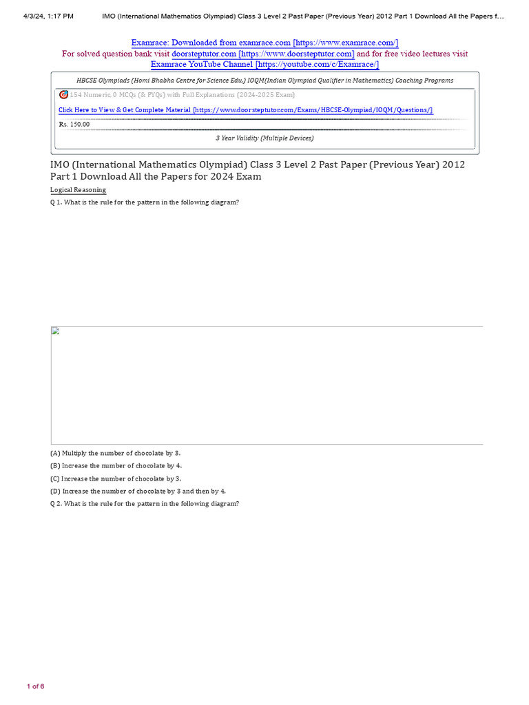 IMO Level 2 Class 3 Paper 2012 Part 1 | PDF | Mathematics