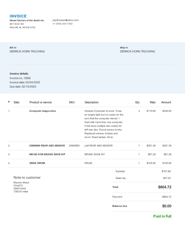 Invoice: Derrick Horn Trucking Derrick Horn Trucking | PDF | Invoice ...