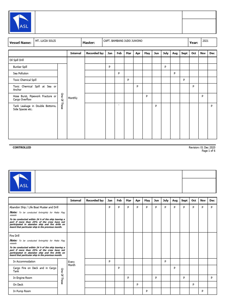 ASL Form ISM044 - Schedule of Drills 2021 | PDF | Ships | Water Transport