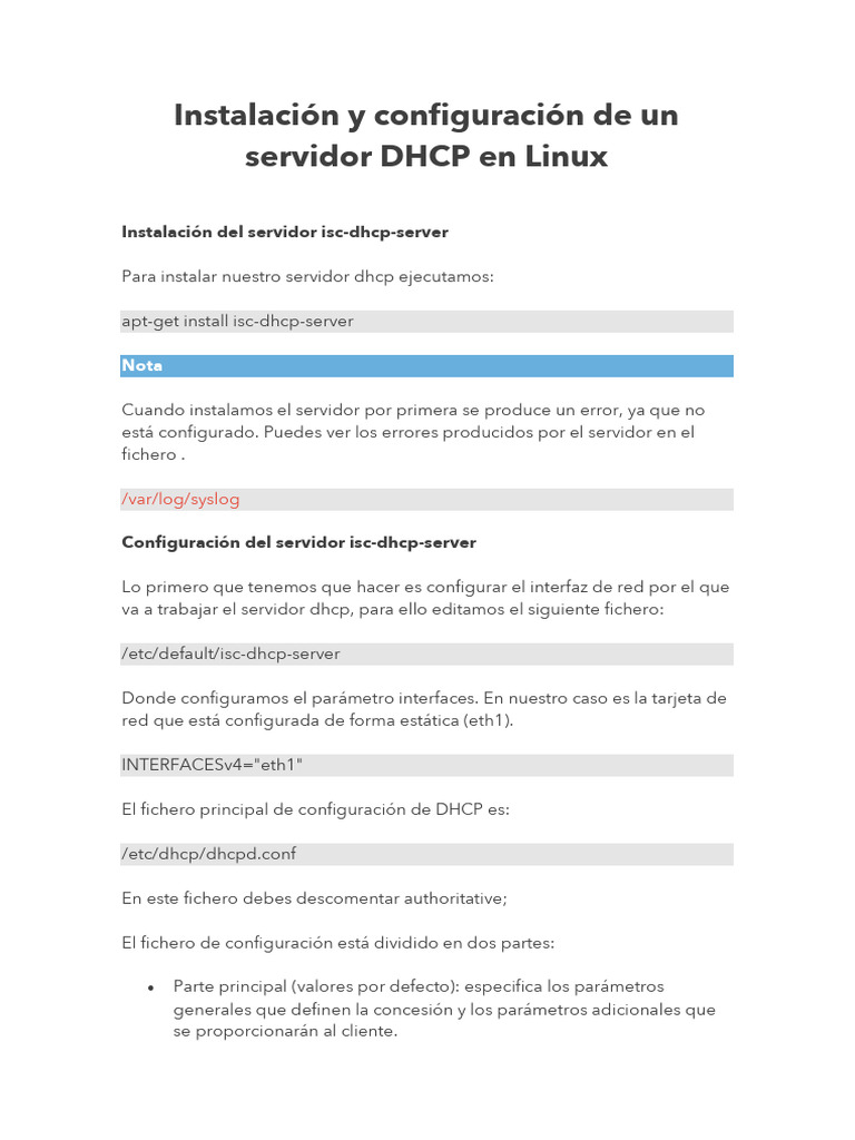 Instalación y Configuración de Un Servidor DHCP en Linux | PDF | Dirección IP | Protocolos de red